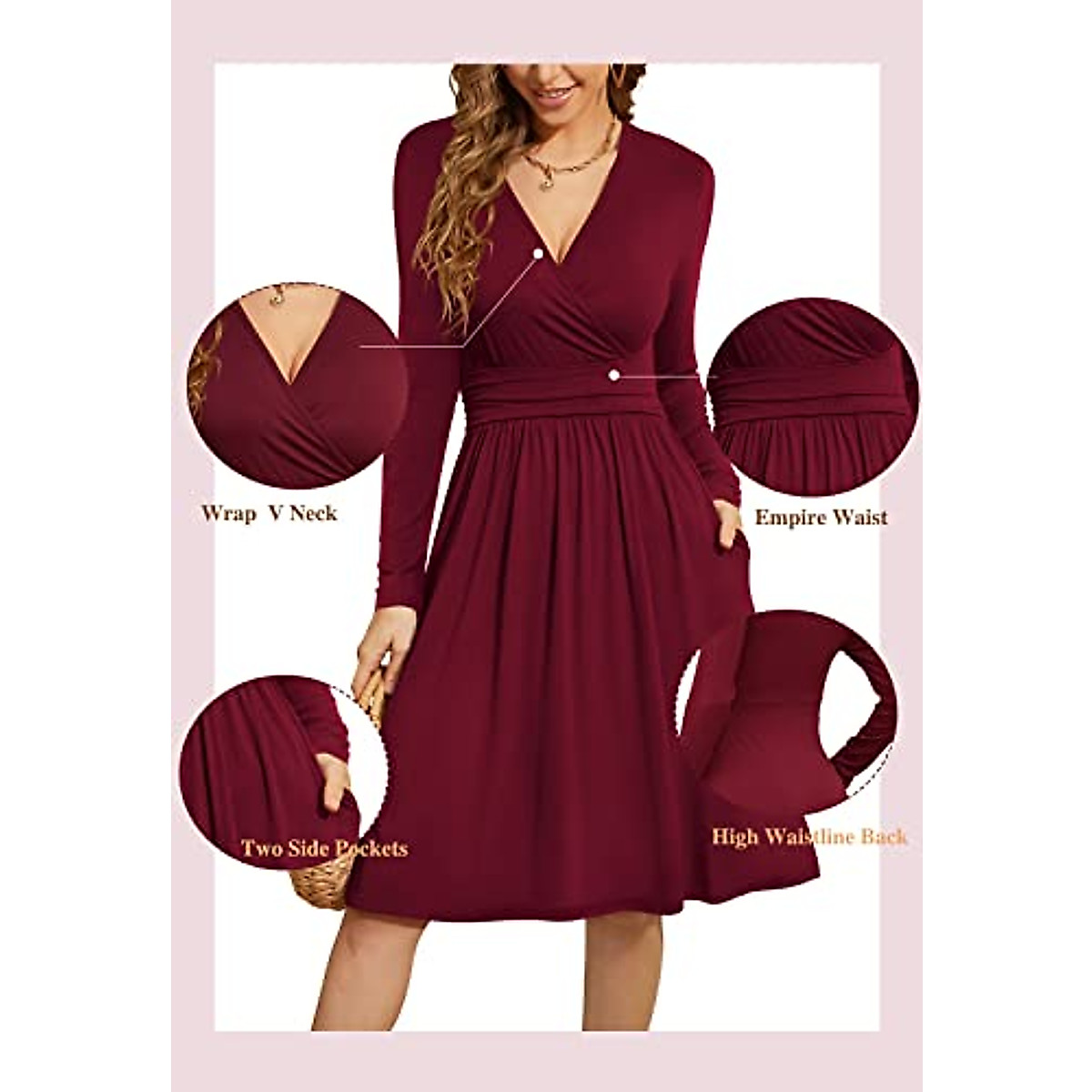 WEACZZY Womens Dresses Long Sleeve Casual Holiday Dress V-Neck Party Dress with Pockets, Floral Navy, Medium