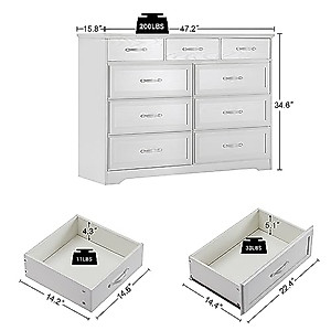 Royard Oaktree 9 Drawers Dresser, Wood Grain Chest of Drawers with Antique Metal Handles, Modern Closet Storage Organizer Bar Cabinet for Bedroom Living Room, Dining Room, Hallway, White