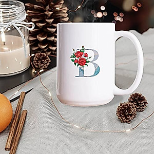 Yelolyio Watercolor Floral Monogram Coffee Mug, Alphabet Initial Letter B Coffee Cup, Monogram Mug Cup, 15oz