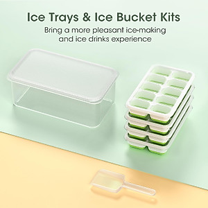 DOQAUS Ice Cube Tray with Lid and Bin, Silicone & Plastic Ice Cube Trays for Freezer with Ice Box, 4 Pack Ice Trays with Ice Container, Stackable Ice Tray with Storage Ice Bucket Bin, Ice Tong & Scoop