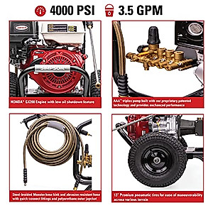 SIMPSON Cleaning PS60869 PowerShot 4000 PSI Gas Pressure Washer, 3.5 GPM AAA Triplex Pump, Honda GX270 Engine, Includes Spray Gun, Wand, 5 QC Nozzle Tips, 3/8-inch x 50-Foot Monster Hose, 49-State
