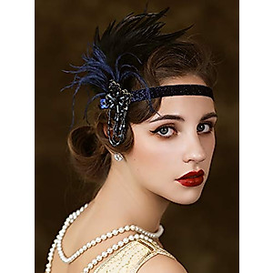 SWEETV Feather Flapper Headpiece Navy, Rhinestone Feather 1920s Headband, the Great Gatsby Hair Accessories