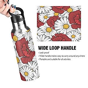 Poppies Daisies Leak Free Insulated Bottles with Handle 32 oz Vaccuum Bottle with Straw Lid Thermal Bottle for Hot & Cold Drinks BAP-Free