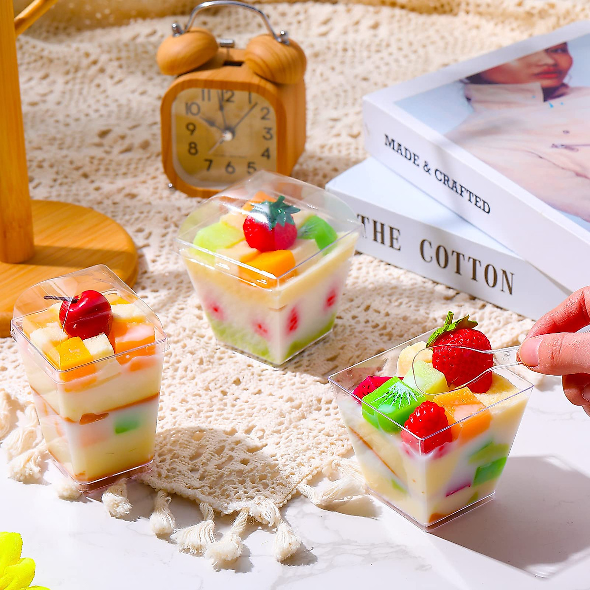 100 Sets Square Dessert Cups with Lids and Spoons Including 50 Pcs 5 oz Clear Yogurt Parfait Cups with Lids 50 Pcs 7oz Small Plastic Dessert Cups Glass Mini Shooter Cups Container for Ice Cream Bowl