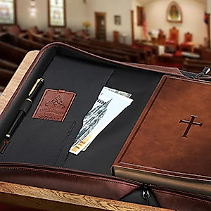 Classic Bible Cover, FINPAC Large PU Leather Carrying Book Case Church Bag Bible Protective with Handle, Perfect Gift for Men, Women, Father, Mother, Friends [Trust in The Lord] -Brown