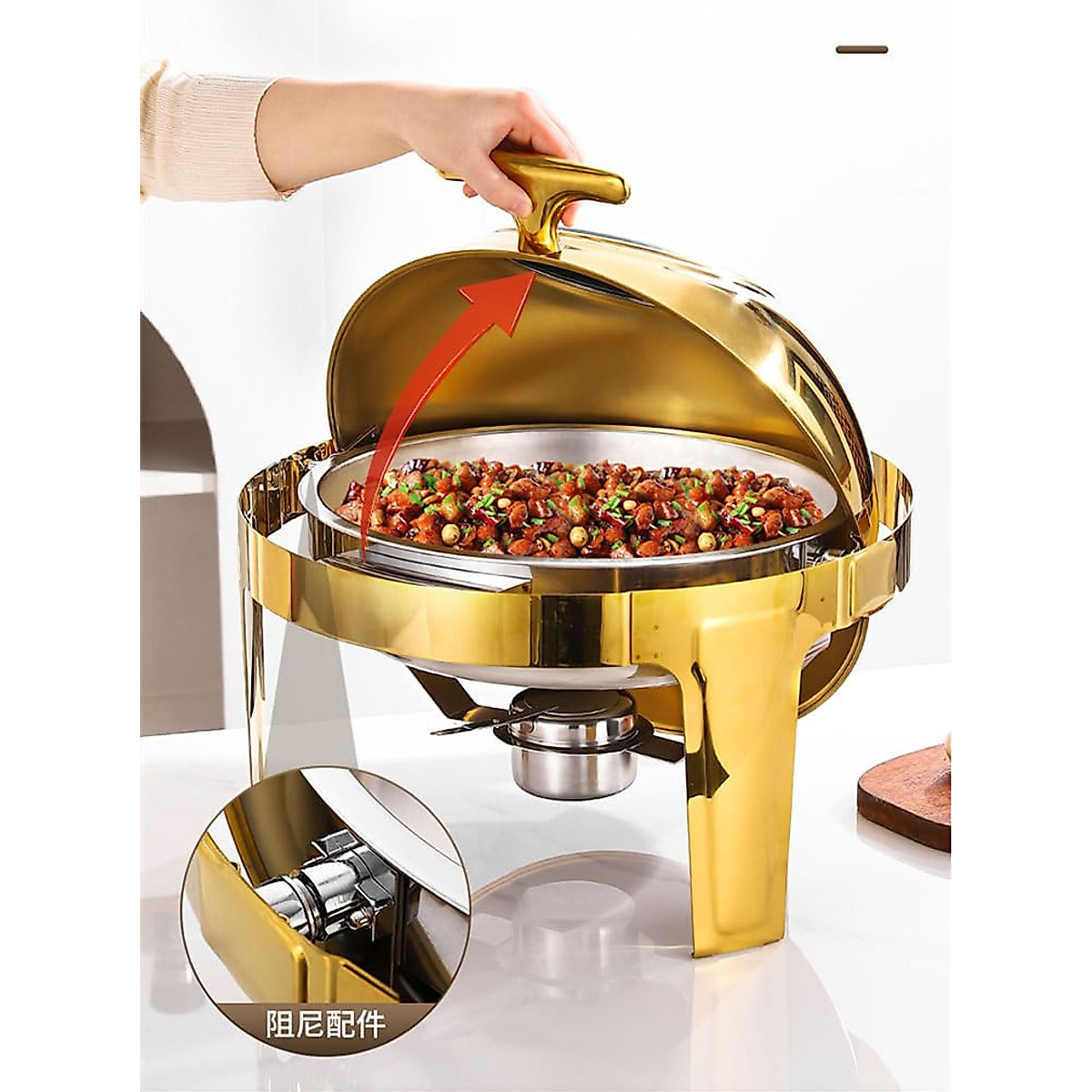 HONHPD Gold Stainless Steel Chafing Dish 1 Packs, 6.5 Quart Round Chafer, Roll Top Chafer for Catering Buffet Warmer Set with Pans and Fuel Holders