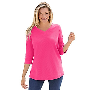 Woman Within Women's Plus Size Three-Quarter Sleeve Thermal Sweatshirt - 22/24, Raspberry Sorbet
