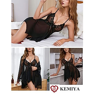 KEMIYA Lingerie for Women Lace Babydoll Sleepwear Boudoir Outfits V Neck Sleepwear Strap Chemise Black X-Large