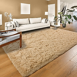 YJ.GWL Area Rugs 8x10 Feet for Living Room, Ultra Soft Fluffy Beige Bedroom Rug, Large Non-Slip Comfy Shag Carpet Nursery Playroom Rug, Indoor Modern Fuzzy Rug for Kids Girls Room Home Decor