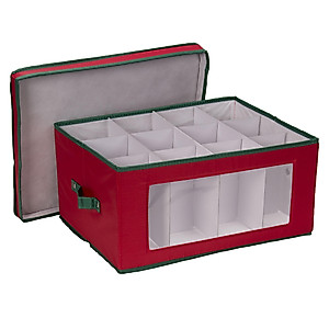 Household Essentials 542RED Holiday China Storage Chest with Lid and Handles | Balloon Goblet Wine Glasses | Red Canvas with Green Trim, Red & Green