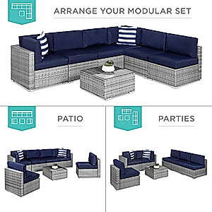 Best Choice Products 7-Piece Modular Outdoor Sectional Wicker Patio Furniture Conversation Sofa Set w/ 6 Chairs, 2 Pillows, Seat Clips, Coffee Table, Cover Included - Gray/Navy