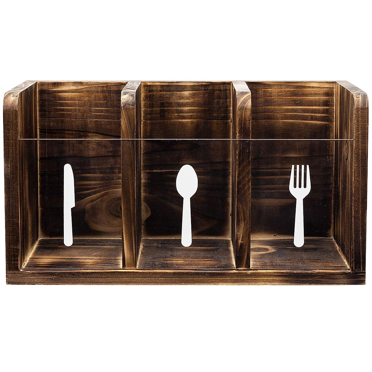 MyGift Torched Wood Flatware Caddy with Clear Acrylic Front Panel, Dining Utensils Holder, Cutlery Storage Organizer Bin with Fork, Spoon and Knife Labels