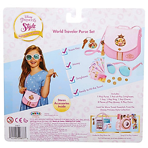 Disney Princess Style Collection World Traveler Purse Set Bag with Strap, Sunglasses, Key with charm, 5 Coins & 8 Paper Bills for Girls Ages 3+