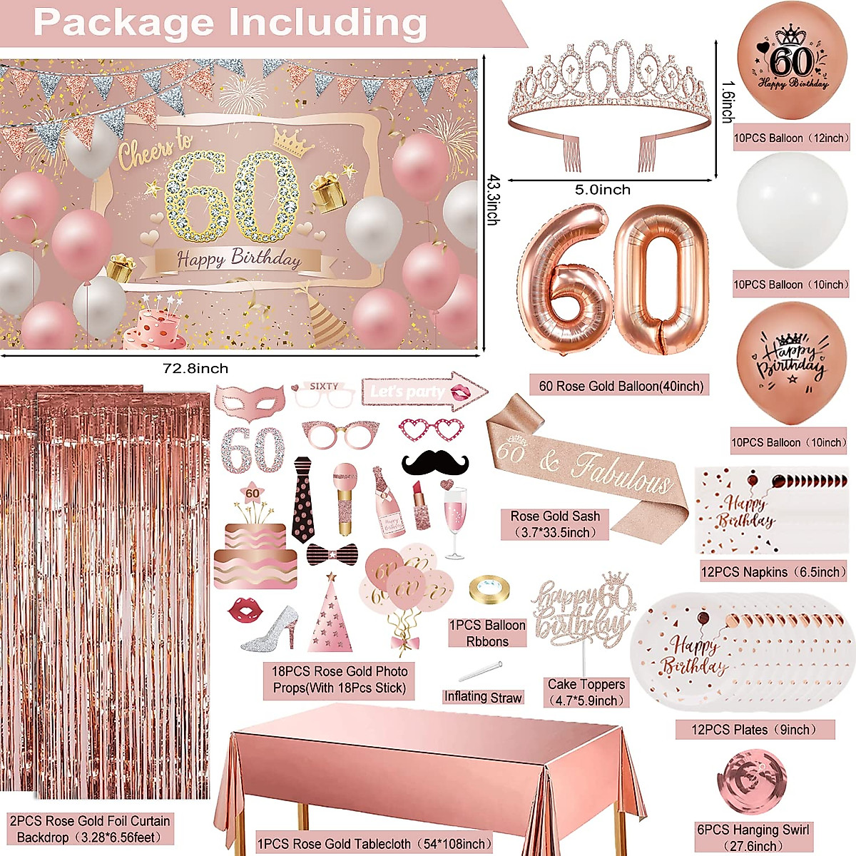 60th Birthday Decorations for Women,90 PCS Rose Gold 60th and Fabulous Birthday Decorations,Including Happy 60th Birthday Banner Backdrop,Crown,Hanging Swirl, birthday Balloons, Foil Backdrops,Cake Toppers, Plates, Photo Props, Birthday Sash,60th Birthday