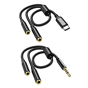 Guamar Audio Splitter for Headphones/Mic (2 Pack),USB C to 3.5mm Audio Jack Adapter,Headset 3.5mm Y Cable Dual Earphone Jack Aux Stereo Cord for 2 TRRS Microphones to PC,Phone,Tablet,Laptop