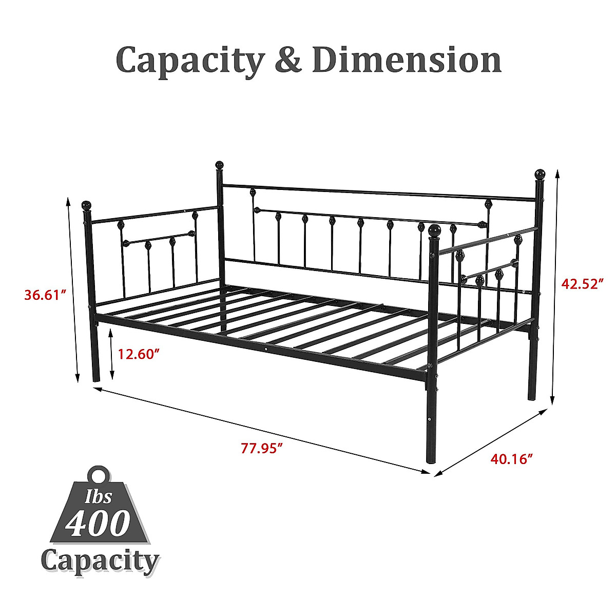 AUFANK Twin Size Daybed Frame Strong Metal Slats Platform Base Box Spring Replacement Bed Sofa for Living Room Guest Room Black