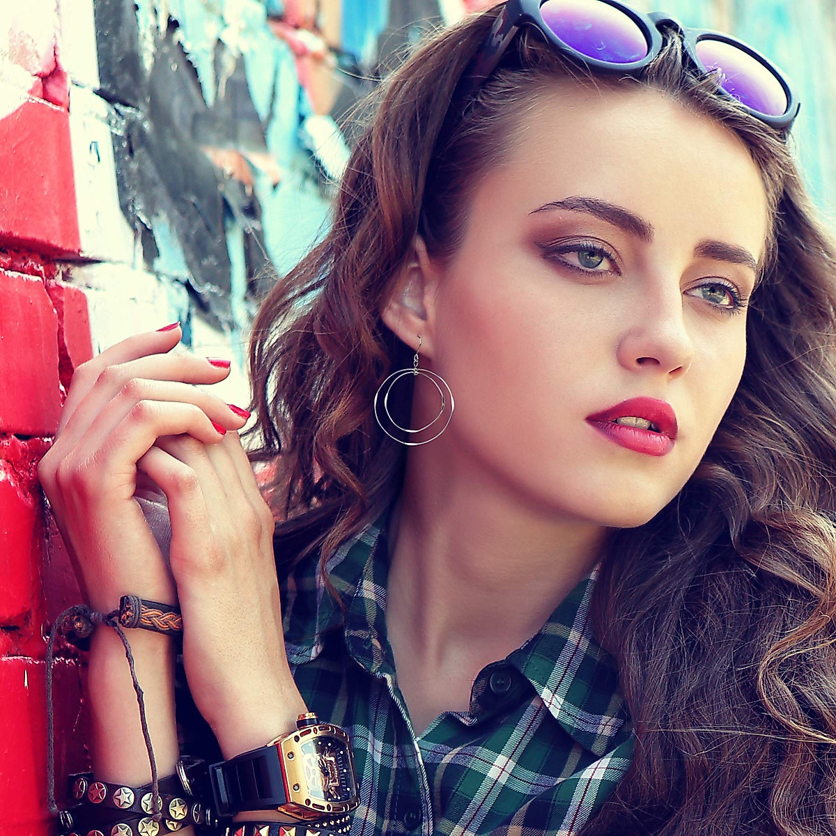 SPUNKYsoul Thin double Hoop Light Wight Earrings in Gold and Silver for Women (Silver)