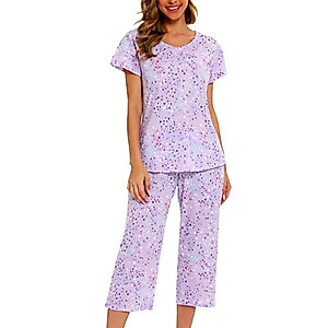 ENJOYNIGHT Women's Cute Sleepwear Tops with Capri Pants Pajama Sets Cotton Pj Set for Women(2X-Large,PU) Purple