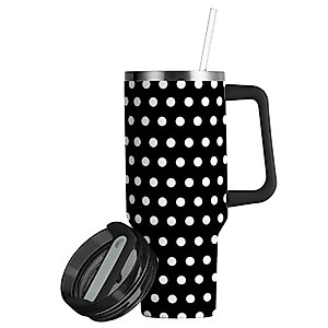 Flradish 40oz Tumbler with Handle, Polka Dots Black White Stainless Steel Tumbler with Lid and Straws Double Wall Vacuum Insulated Leakproof Coffee Travel Mug