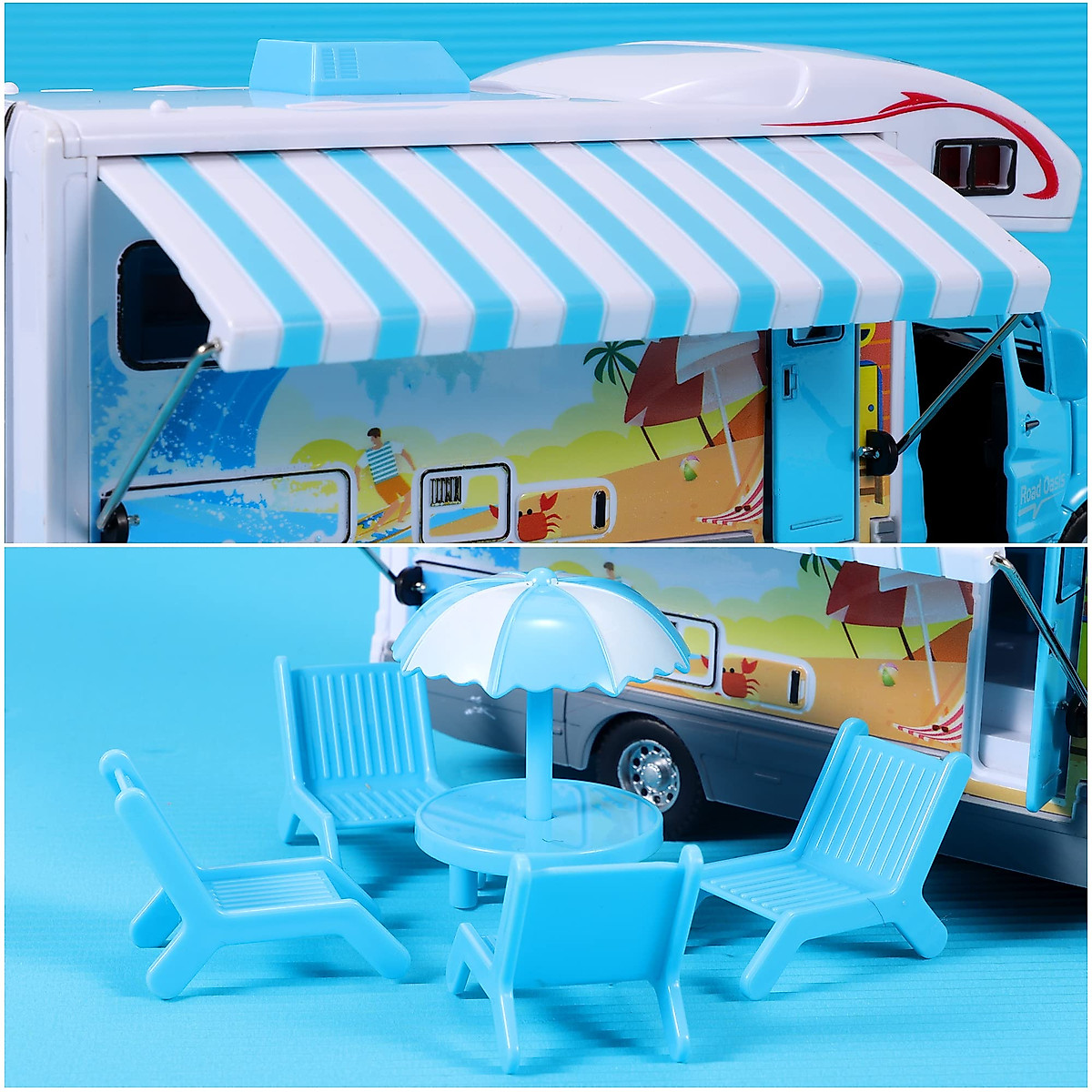 BUNICORN RV Camper Vehicle Playset Camping Toy Set Beach Recreational Vehicle Large Pull Back Car Pretending Toys Alloy Car Chair Table Toys