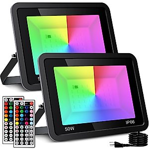 LKXDOV RGB LED Flood Light, 500W Equivalent 5000LM Color Changing Party Stage Landscape Lighting with 44-Key Remote Control, IP66 Waterproof DIY Scenes Timing Uplights Indoor Outdoor (2 Pack)