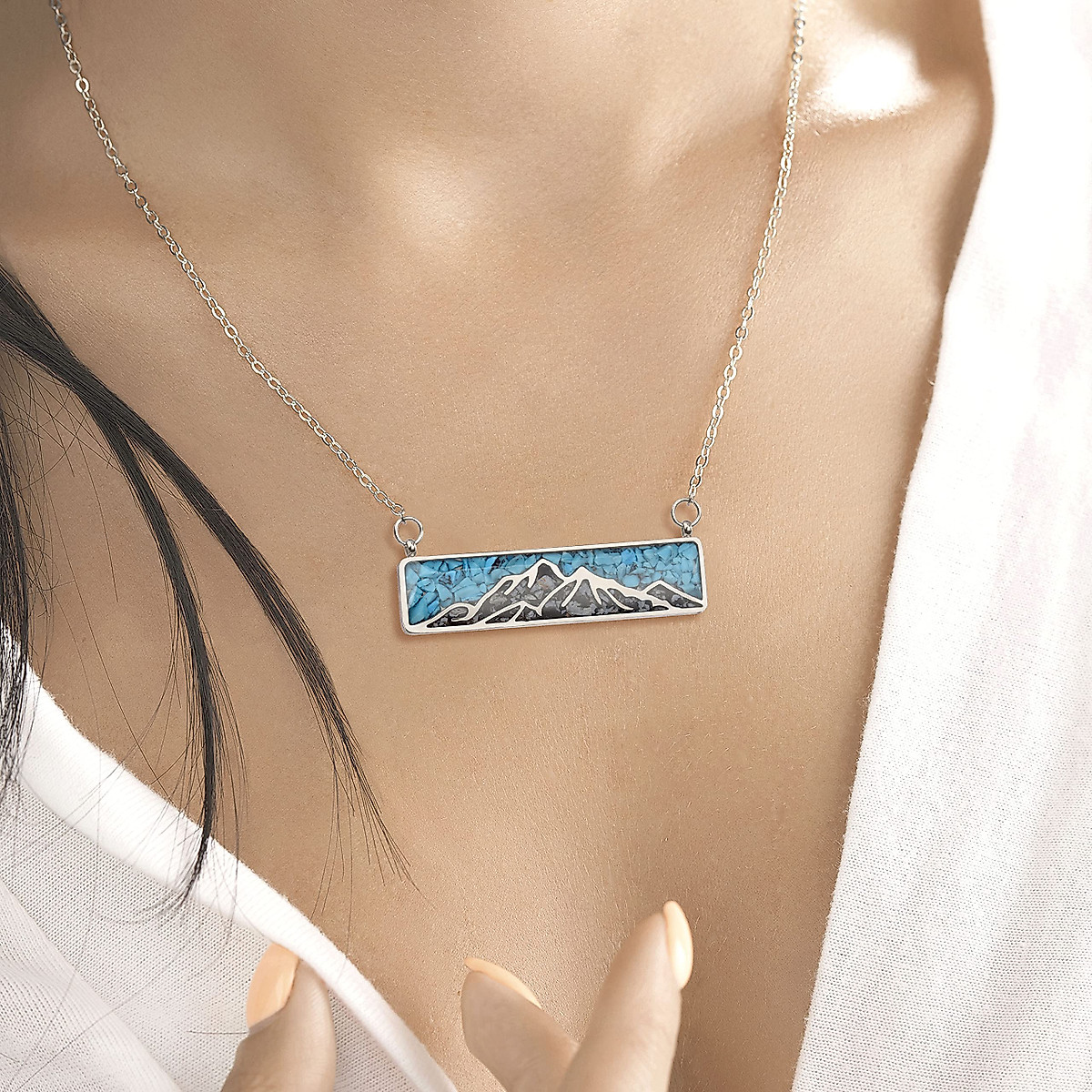 Lauren-Spencer Gemstone Mountain Necklace for Women Turquoise Tumbled Chips Pendant Necklace Dainty Mountain Range Bar Necklaces for Women Girls Nature Jewelry Gift, Stainless Steel, Created Turquoise