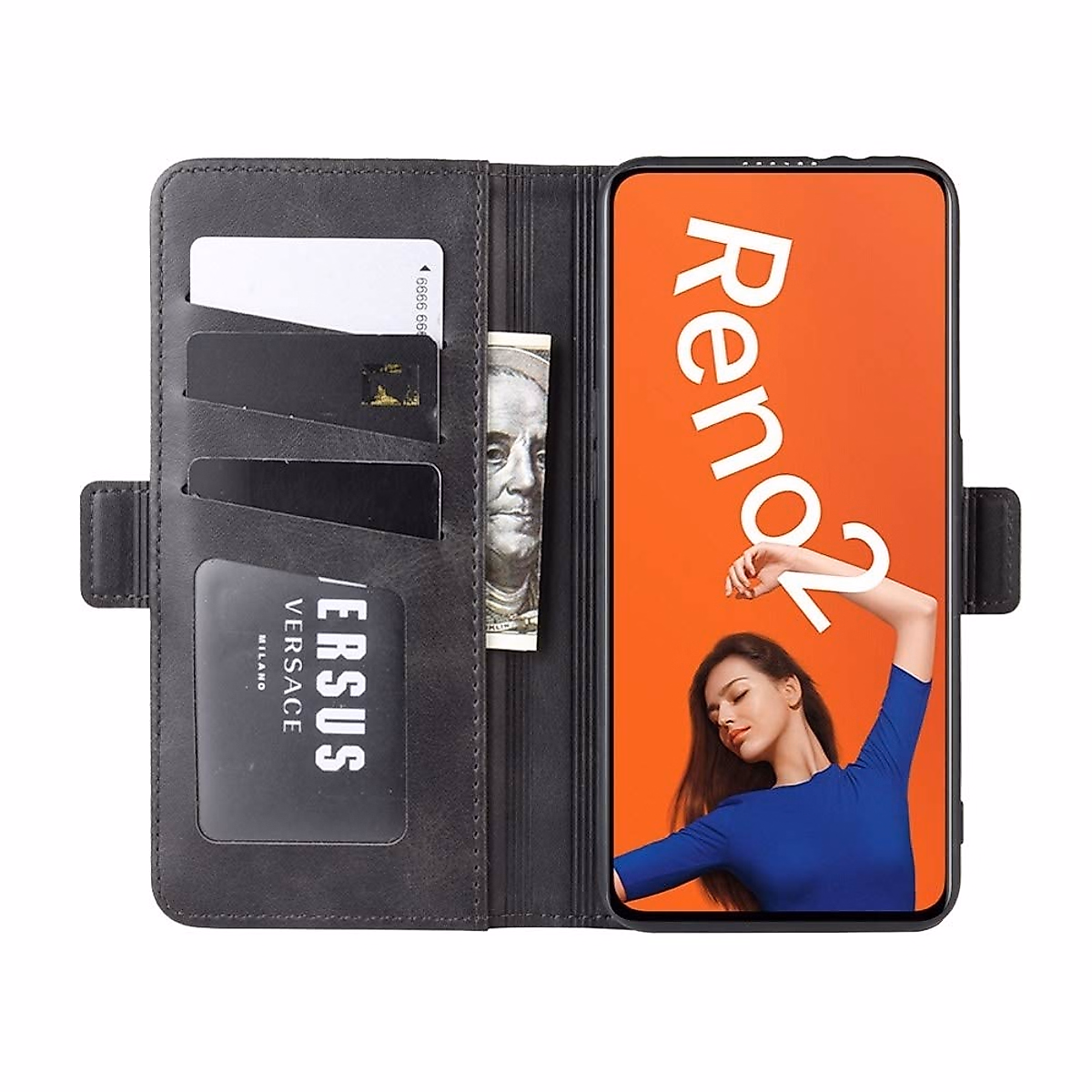 Oppo case for Oppo RENO2 Wallet Stand Leather Cell Phone Case with Wallet & Holder & Card Slots(Black) (Color : Black)