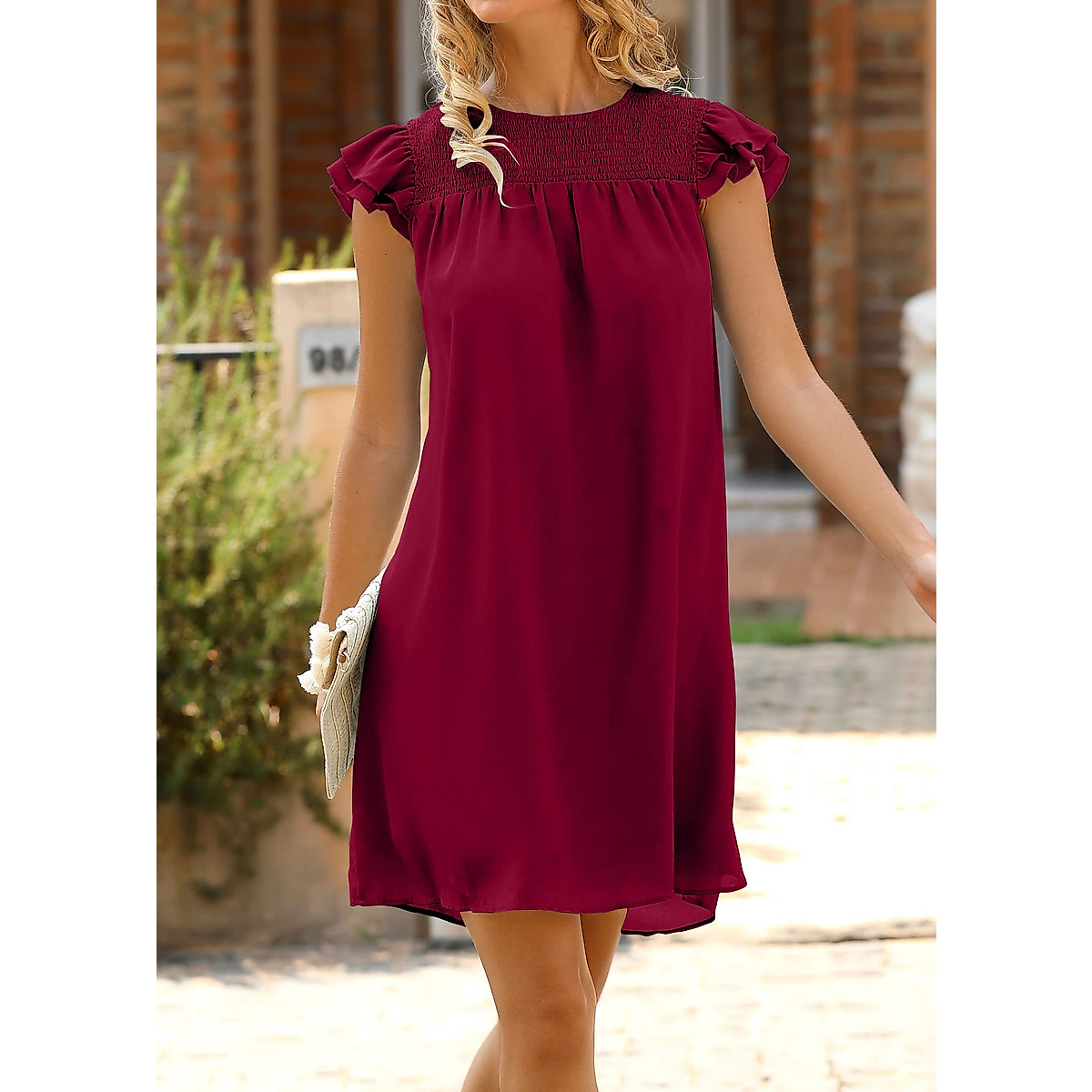 KIRUNDO Wedding Guest Shift Dresses for Women Short Spring Summer Ruffle Cap Sleeve Chiffon Babydoll Flowy Mini Sundress(Jujube Red, Medium)