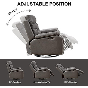 LAVHOME Electric Dual Motor Rocker Recliner USB Ports, 240 Degree Swivel Adjustable Rocking Chair with Power Headrest, Single Sofa Seat with Footrest for Living Room, XL, Gray