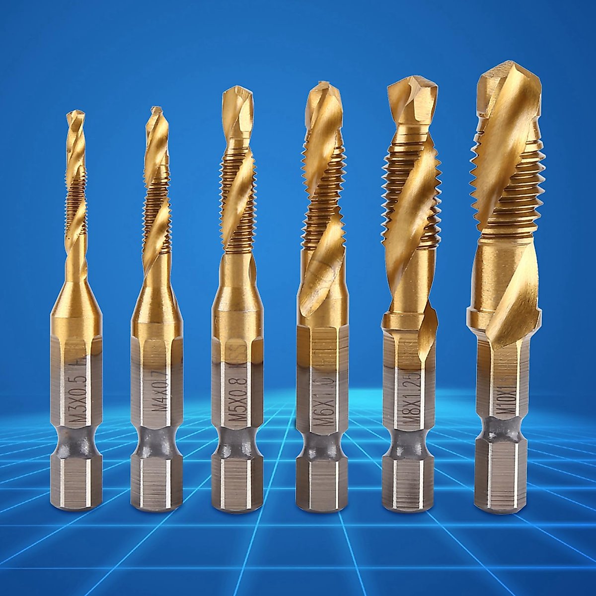 6Pcs 1/4" Hex Shank Screw Tap,M3-M10 Hss Spiral Thread Drill Bits, Coated Composite Drilling Screw Tapping Bits Tool Set Kit