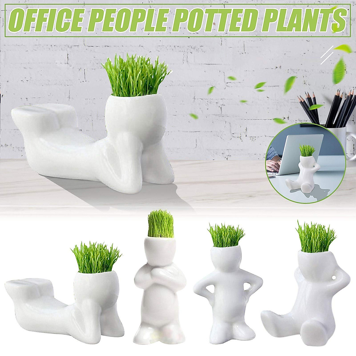 Lincox Mini Bonsai Head Grass Doll Hair White Ceramic Plant Garden, Tree Doll Grass Pot, Ceramic Air Head People Planters Air Plant Holders Table Top Display Planters for Mini Plants Garden Decor (C)