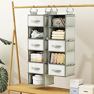5 Tier Hanging Closet Organizer, Collapsible Thicken Hanging Shelves, with 3 Side Pockets and 2 Removable Drawers, Suitable for Bedroom Closet Clothing Storage Grey