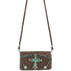 Justin West Tooled Leather Laser Cut Turquoise Rhinestone Cross Concho Studded Messenger Handbag with CrossBody Strap (Brown Wallet)