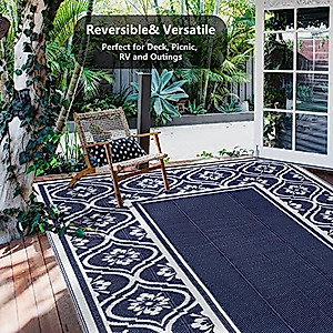 HUGEAR RV Outdoor Rug Waterproof Mat Outdoor Rugs 6'x9' for Patios Clearance Carpet Outdoor Camping Rugs Large Plastic Straw Rug (Lantern Navy Blue&White)
