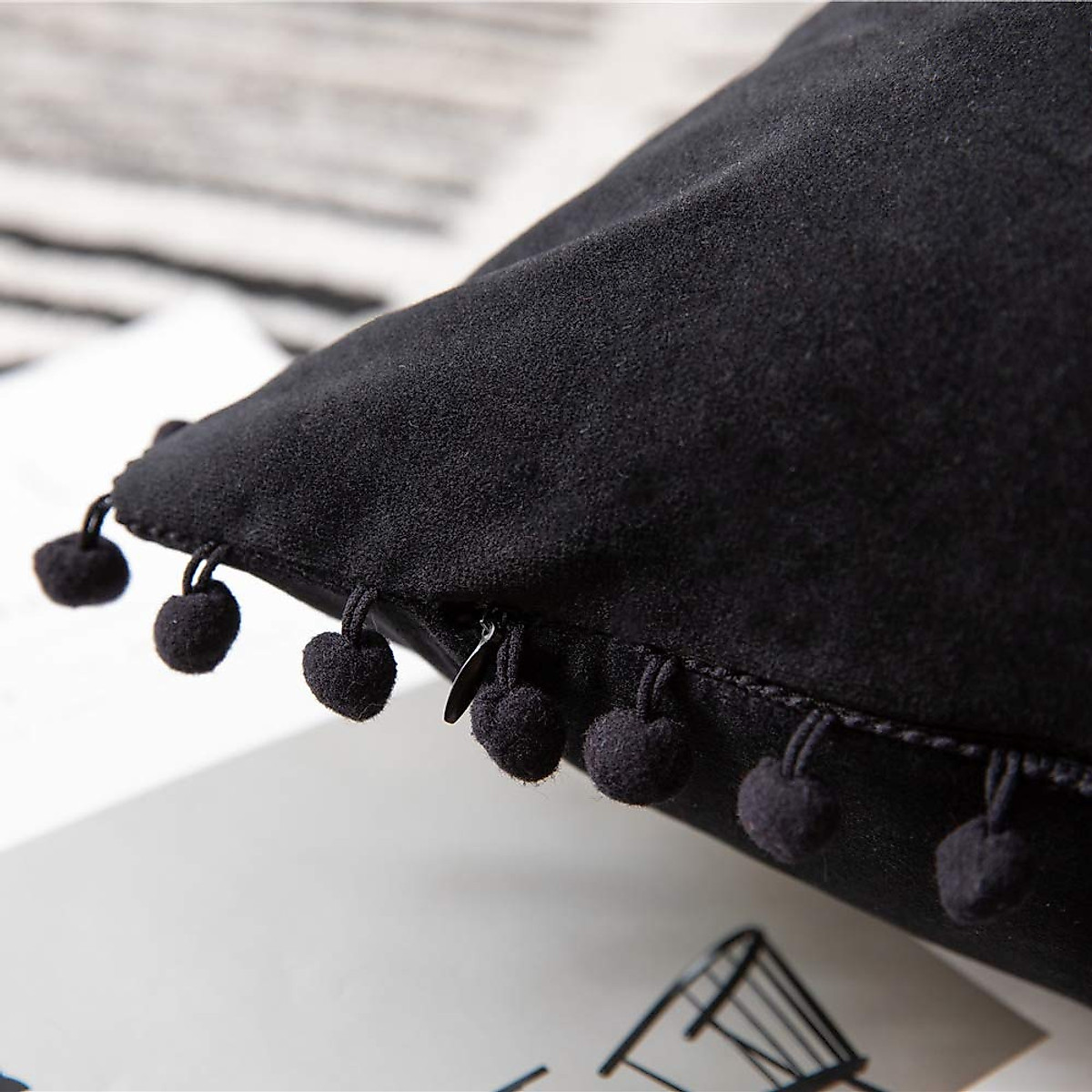 DEZENE Decorative Pillow Covers 12x20 Black: 2 Pack Cozy Soft Pom-poms Velvet Rectangular Throw Pillow Cases for Farmhouse Home Decor