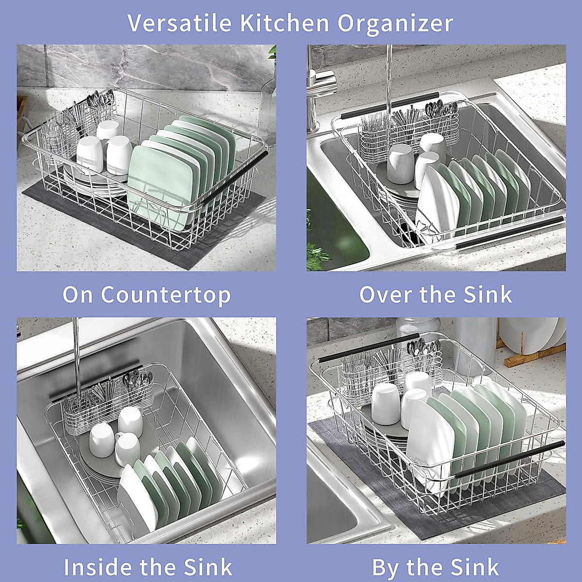 JAQ Dish Drainer in Sink Adjustable 14.96" to 20.59", Expandable 304 Stainless Steel Metal Dish Drying Rack Organizer with Stainless Steel Utensil Holder Over Inside Sink Counter