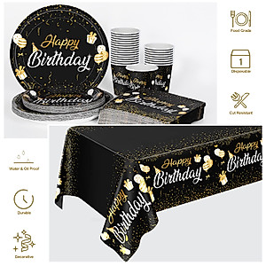 durony 126 Pieces Black and Gold Complete Birthday Tableware Set Party Supplies Includes Paper Cups Plates Napkins Waterproof Tablecloth Happy Birthday Party Favor
