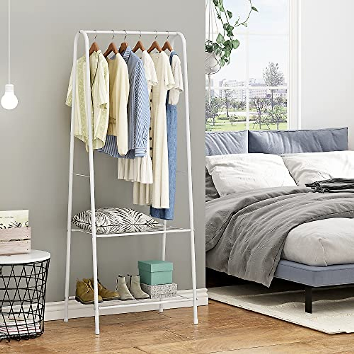 Home-Like 2-Tier Garment Rack, Metal Clothes Rack, Storage Clothing Rack with Single Hanging Rail and 2 Shelf for Bedroom Entryway Launary L23.7"xW13.19"x H62.99" White