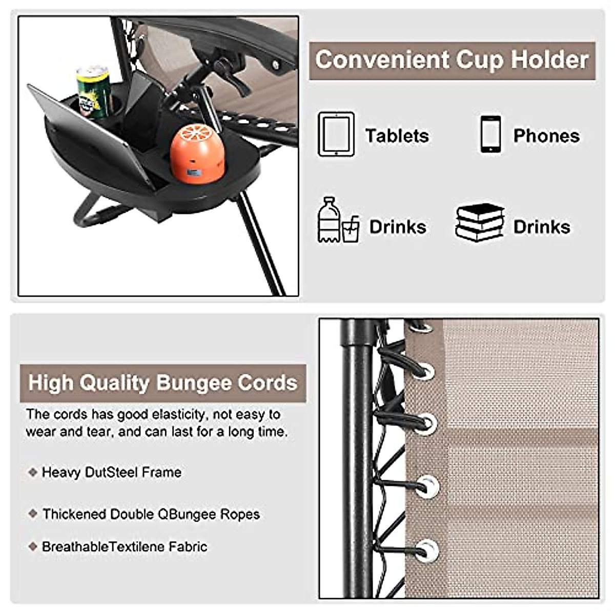 HHS Zero Gravity Chairs Beach Lounge Chairs for Outside Lawn Reclining Patio Camping Chair Adjustable Comfortable Outdoor Folding Chair with Cup Holder and Headrest, Tan, 37 x 26 x 43 inches