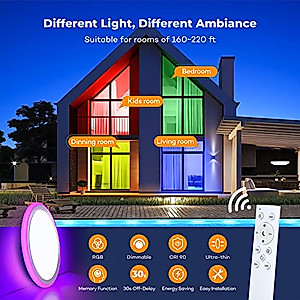 BLNAN RGB Led Flush Mount Ceiling Light with Remote Control, 13Inch 24W 2400LM 3000-6500K Dimmable Color Changing Light Fixture, Modern Round White Ceiling Lamp for Bedroom Kids Room Party Festival