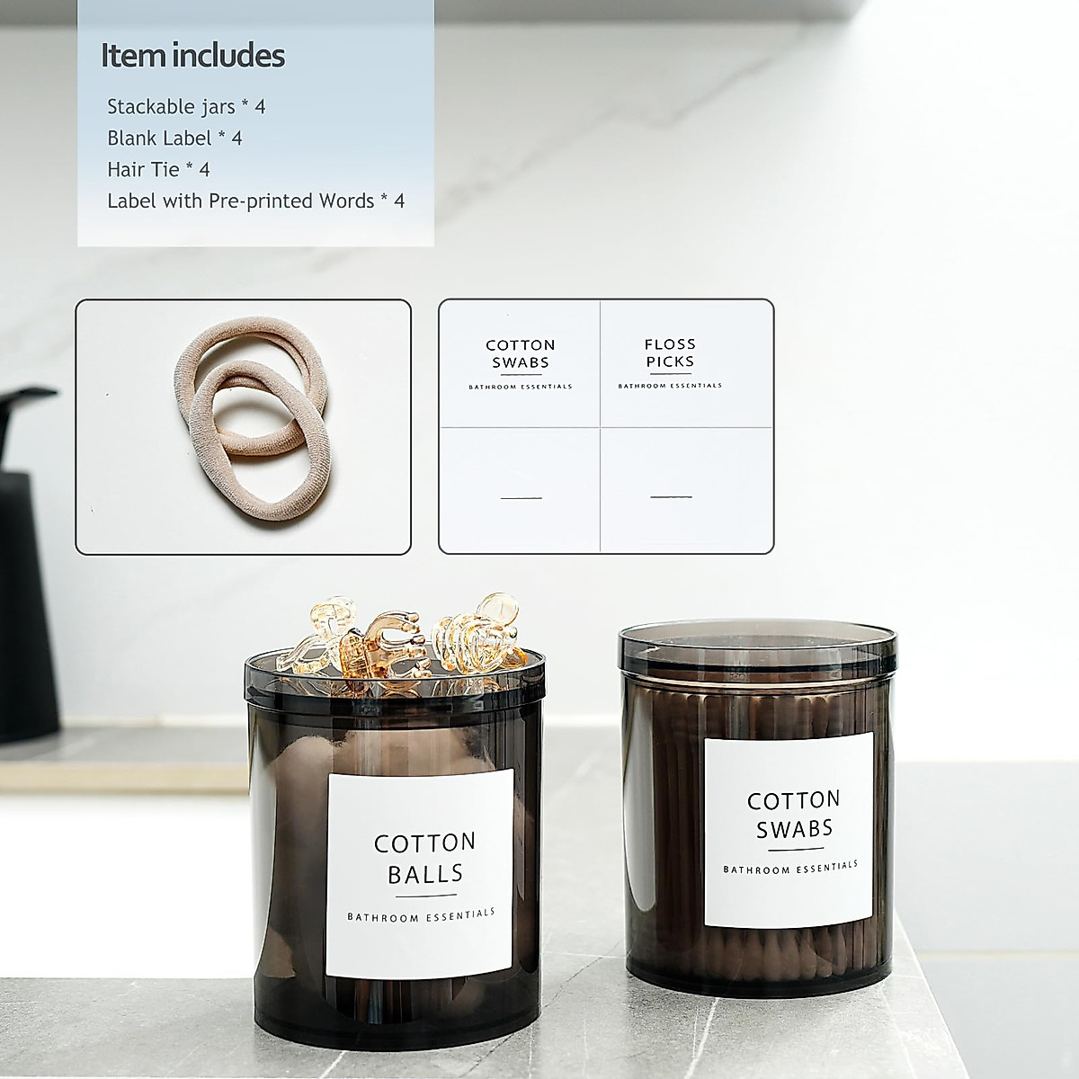 SheeChung Stackable Qtip Holder with Storage Lids for Cotton Swabs, Balls, Pads, Floss Picks-4 Pack Acrylic Apothecary Jar Bathroom Accessories for Bathroom Counter Organizer (4pack 10oz&12oz)