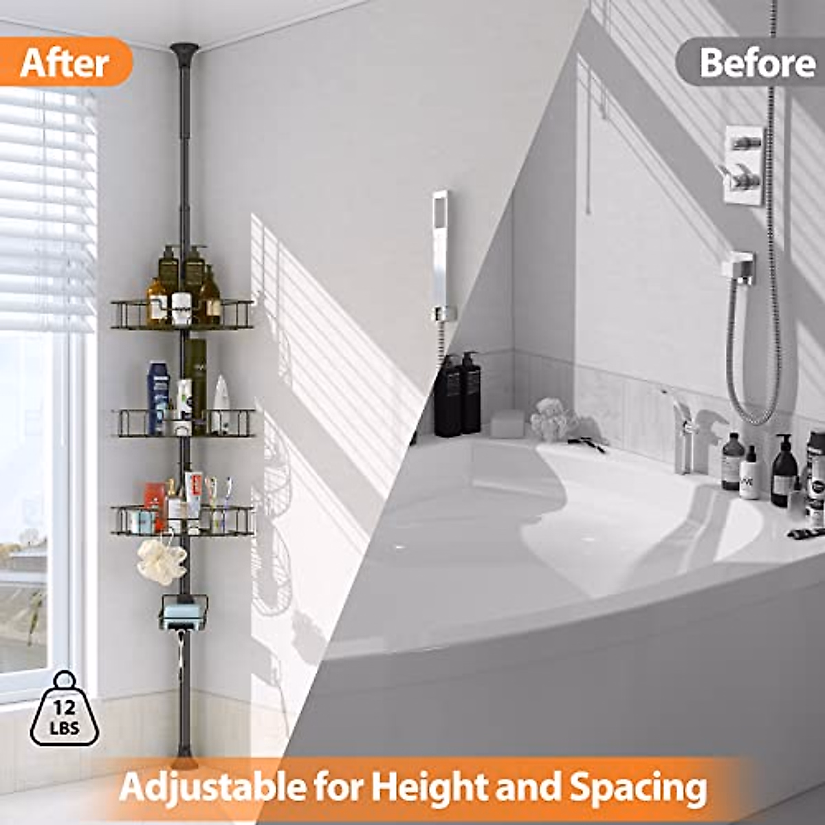 YeYeBest Shower Organizer Caddy, Home Decor Organization And Storage 39-125 Inch for Bathroom Corner Shelves Rack Countertop Adjustable with Tension Pole