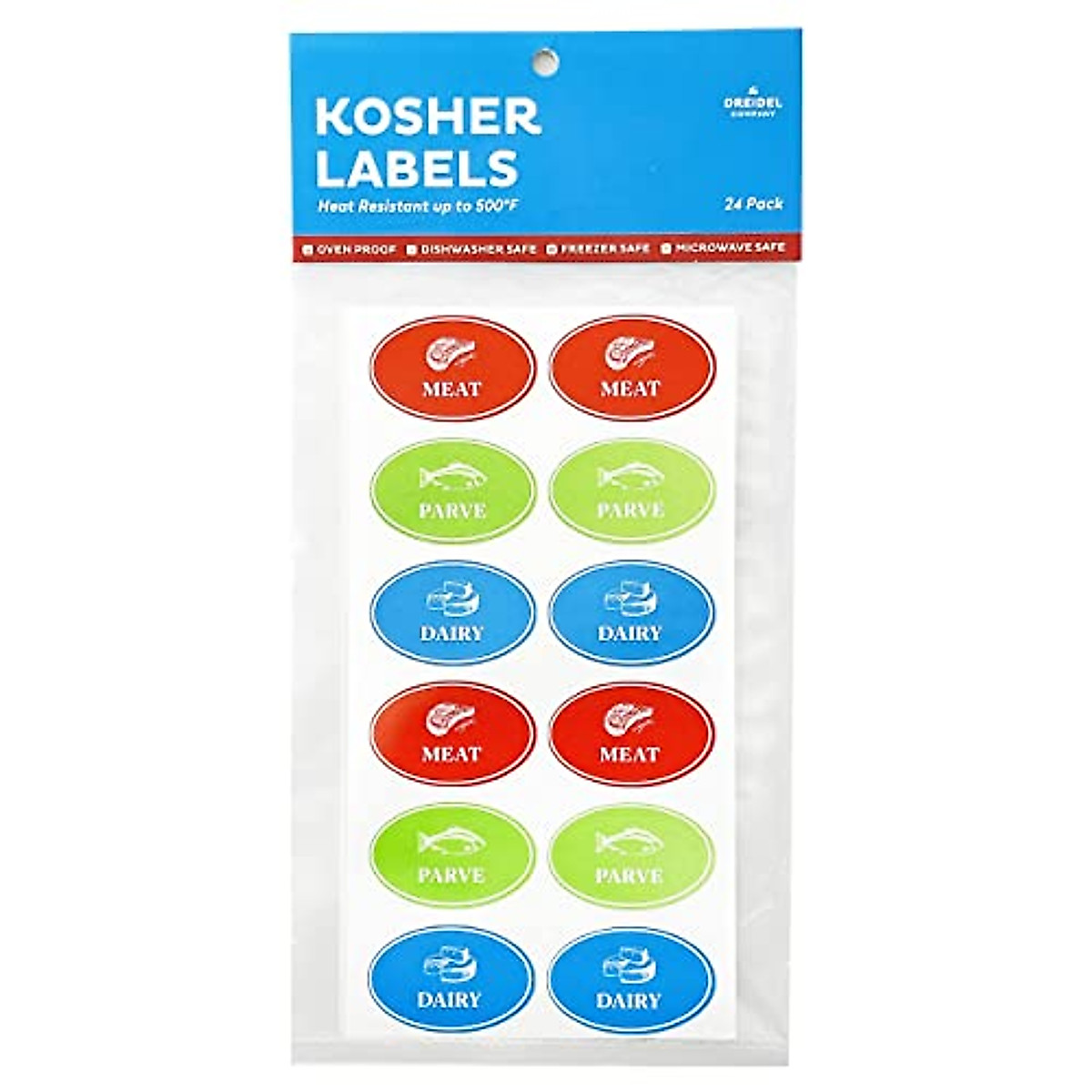 The Dreidel Company 24 Assorted Kosher Labels, 8 Blue Dairy, 8 Red Meat, 8 Green Stickers, Oven Proof up to 500°, Freezable, Microwavable, Dishwasher, English, Coded Kosher Kitchen Tools (24-Pack)
