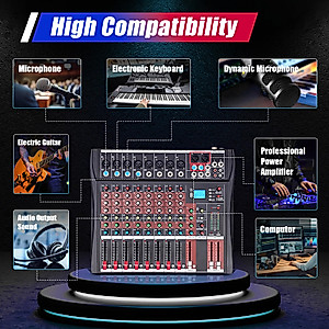 Professional Audio Mixer Sound Board Console Desk System 8 Channels Bluetooth Live Studio Mixing Console, 8 Channel Audio Mixer, Sound Mixing Console USB Digtal Mic, Black and Red (8 Channels)