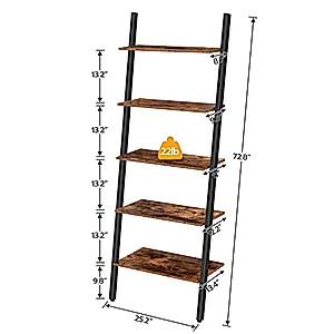 HOOBRO Ladder Shelf, 5-Tier Leaning Bookshelf, Industrial Storage Rack Shelves, Leaning-Against-Wall, for Living Room Office Kitchen, Metal Frame, Rustic Brown BF70CJ01