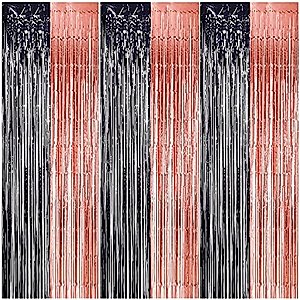 Rose Gold and Black Birthday Decorations, Black Rose Gold Party Supplies Foil Fringe Curtains Photo Backdrop for Graduation Wedding Bachelorette Birthday Party Decorations (3 Pack)