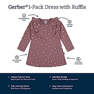 Gerber Baby Girls' Toddler Long Sleeve Dress with Ruffle Detail, Pink Daisies, 18 Months