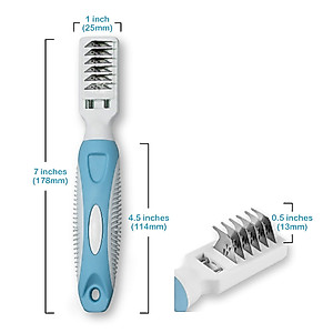 Pets First Professional Pet Mat Remover - Dematting Tool for Grooming Cats & Dogs - Removes Matted Fur, Tangles, Knots, Loose Hair & Dirt - Stainless Steel, Gentle Teeth, Soft Comfort Grip Handle,Blue