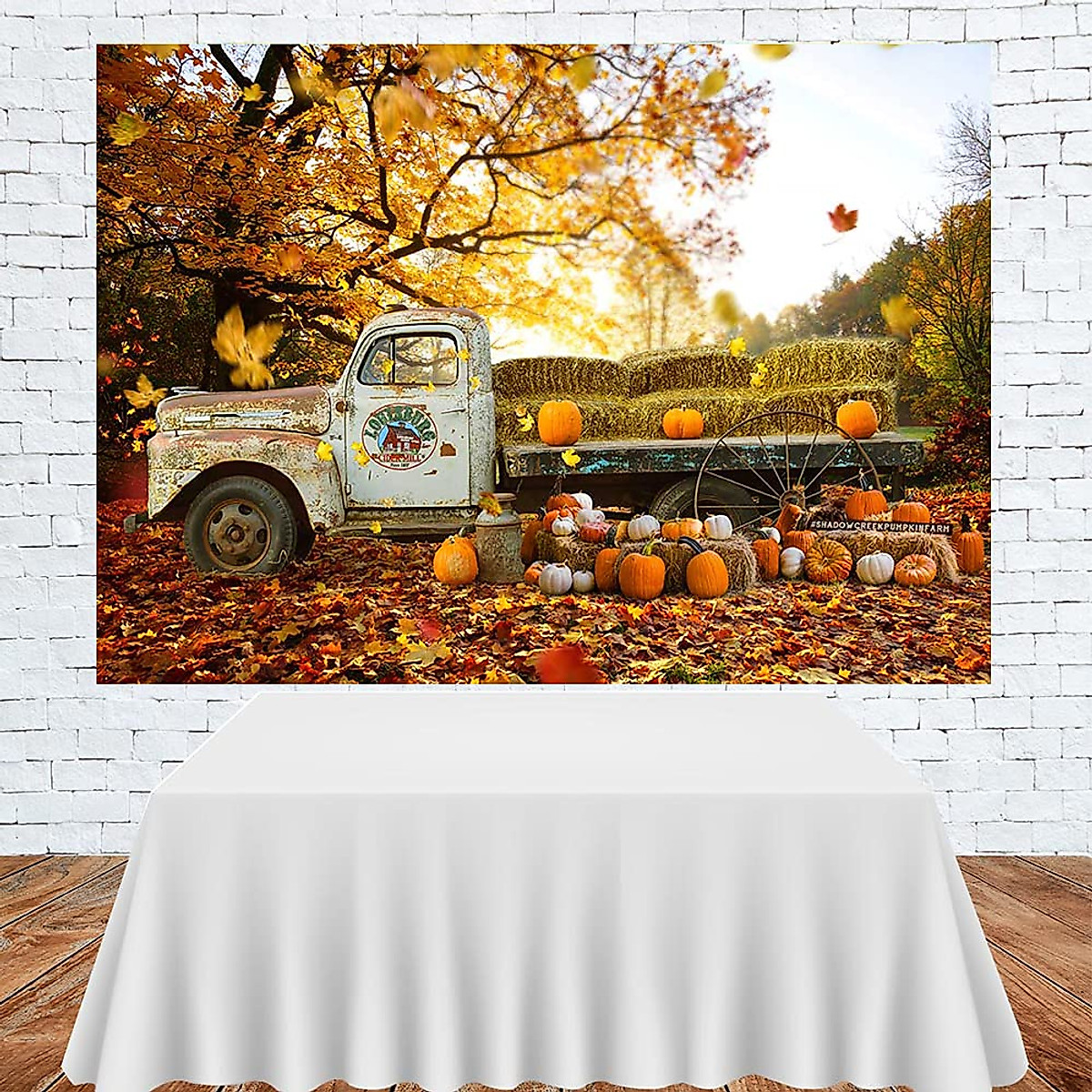 Lofaris Autumn Pumpkin Truck Backdrop Harvest Hay Fall Forest Maple Leaves Photography Background Thanks-Giving Day Party Banner Photo Decorations 7x5ft
