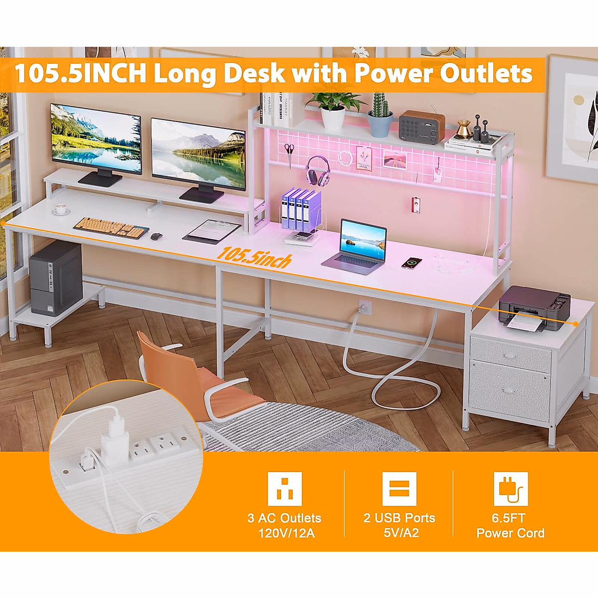 Furologee White L Shaped Gaming Desk with LED Strips and Power Outlets, 64" Reversible L Computer Office Desk with Pegboard and Fabric File Drawer, Coner Desk with Monitor Stand and Hutch